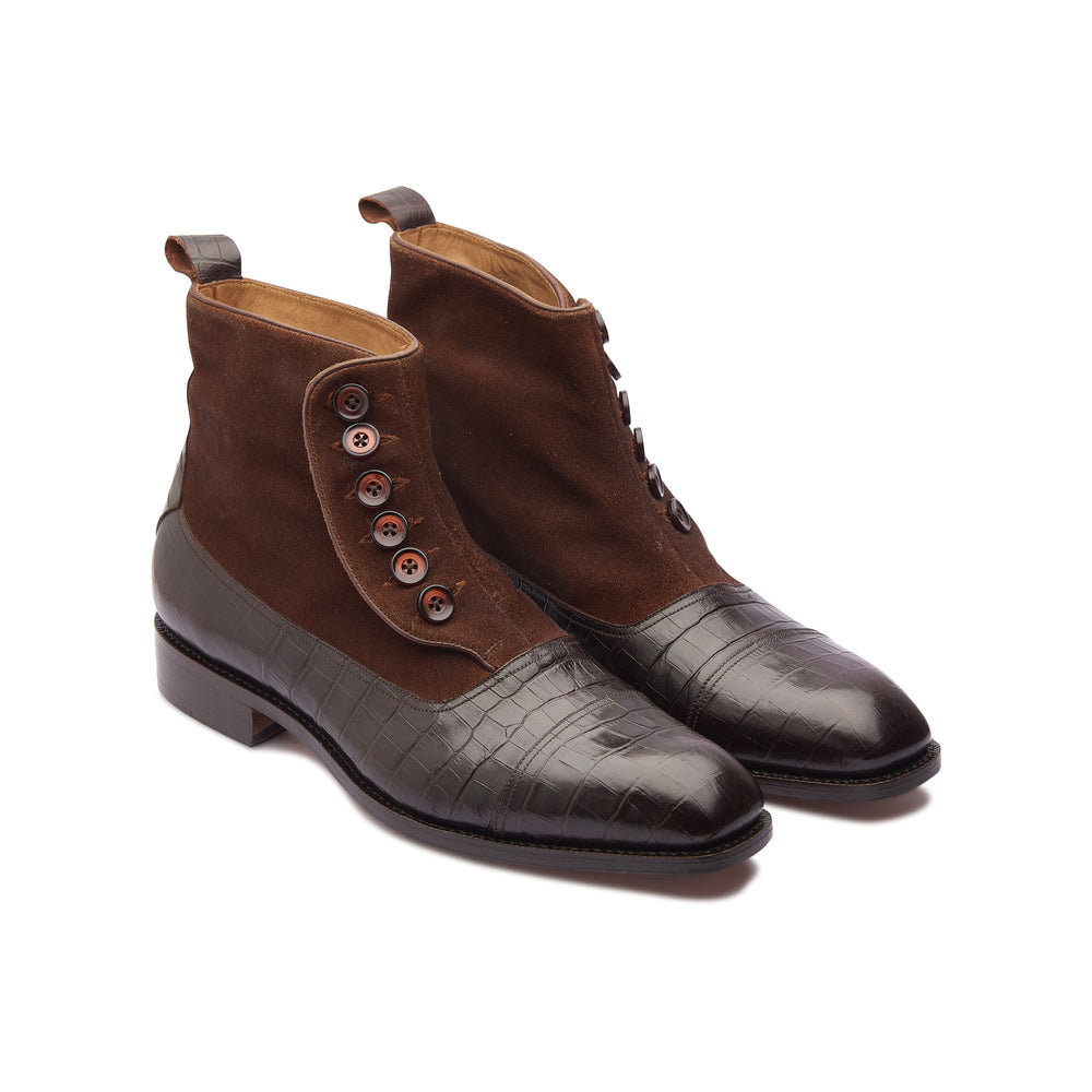 Victor, Button Boot - Brown Suede & Croc | Hand Welted | Classics Coll